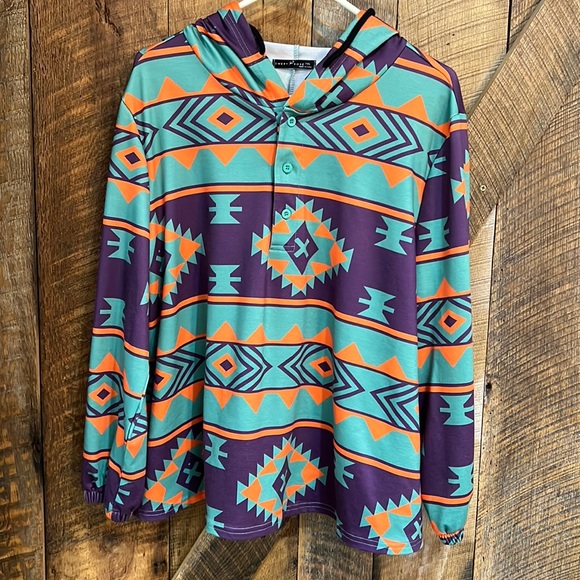 Emery Rose | Tops | Emory Rose 3 Button Hooded Pullover In Aztec Print ...
